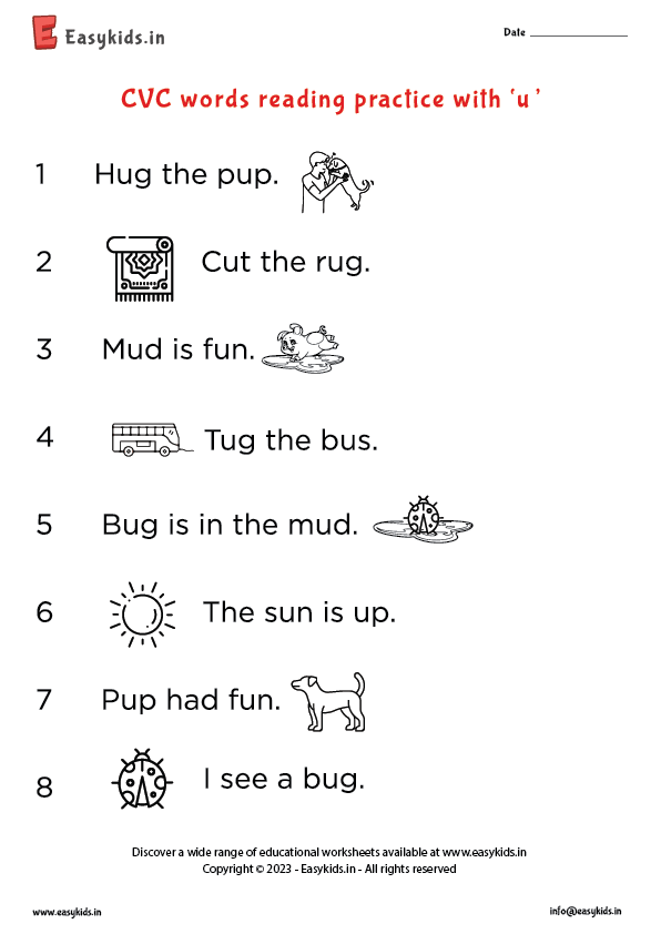 CVC Words Sentences With u Worksheet