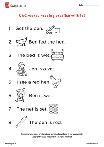 CVC Worksheets Letter e Worksheet by Easy Kids - EasyKids.in