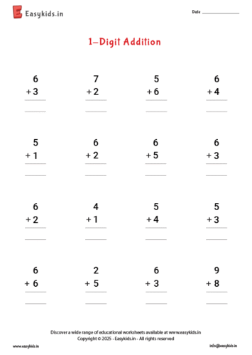 One digit addition worksheet - EasyKids.in