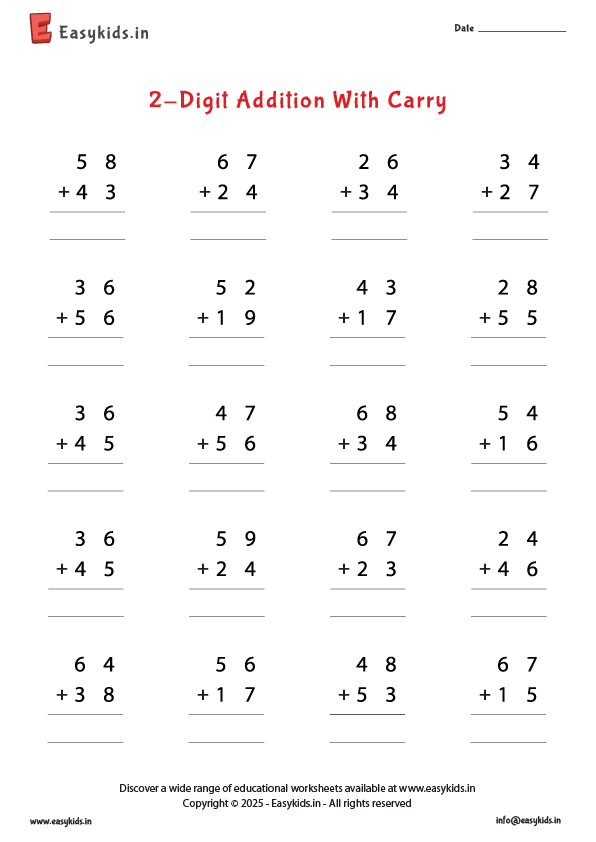 2 Digit Addition Worksheet by Easy Kids - EasyKids.in