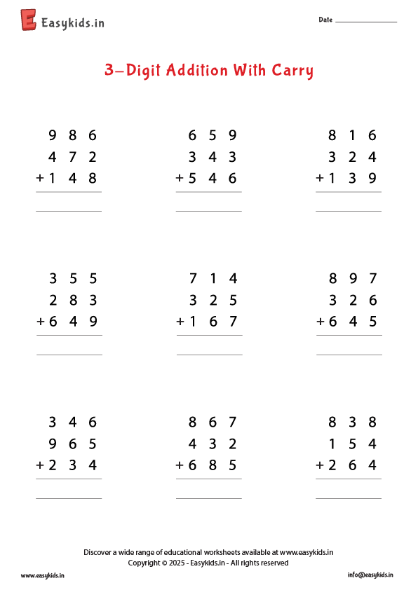 3 digit by 3 digit addition - with carry Worksheet by Easy Kids ...