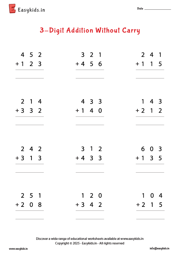 3 digit addition worksheet without regrouping Worksheet by Easy Kids ...