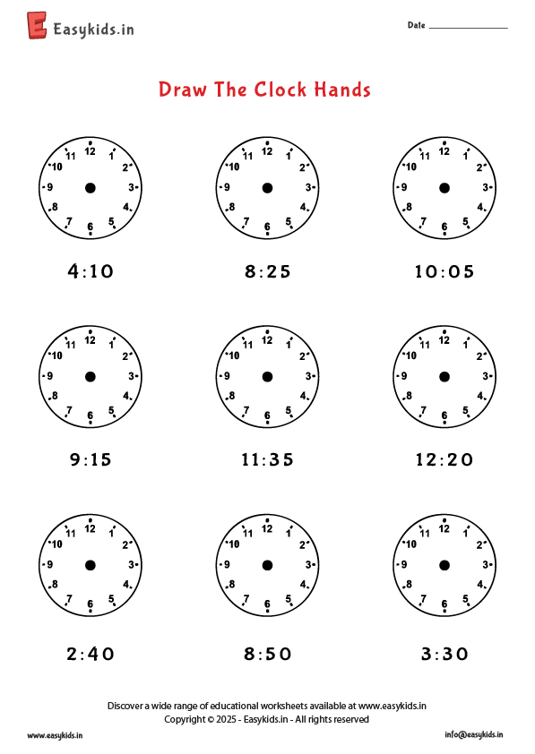 Time Worksheet – Draw Clock Hands - EasyKids.in
