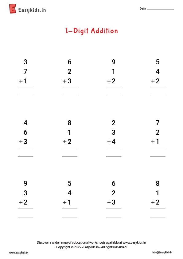 Single digit addition worksheet - EasyKids.in