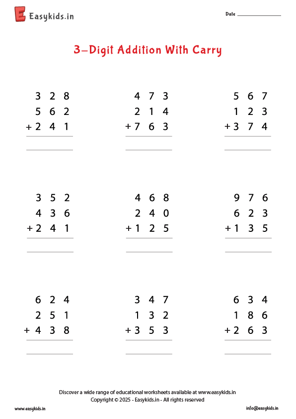 Three digit addition worksheet with regrouping - EasyKids.in