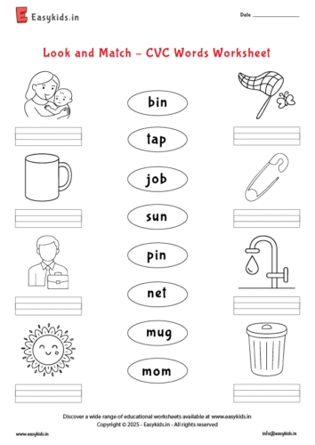 Write the Picture Names – Mixed CVC Words Worksheet - EasyKids.in