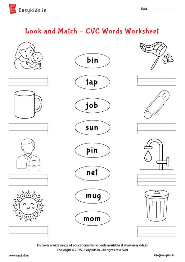 CVC Words Worksheet with All Vowels – Look and Match - EasyKids.in