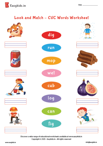 CVC Words Worksheet with All Vowels – Look and Match - EasyKids.in