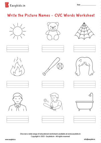 Write the Picture Names – Mixed CVC Words Worksheet - EasyKids.in