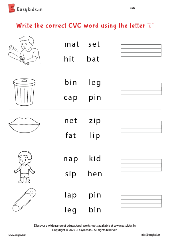 Write the correct word – 'i' sound CVC words - EasyKids.in