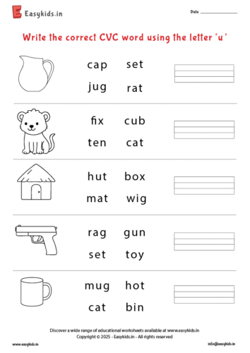 CVC Worksheets Letter u Worksheet by Easy Kids - EasyKids.in